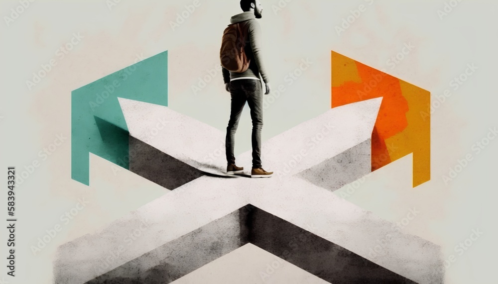 Person standing at crossroads in a stylized, collage style illustration ...