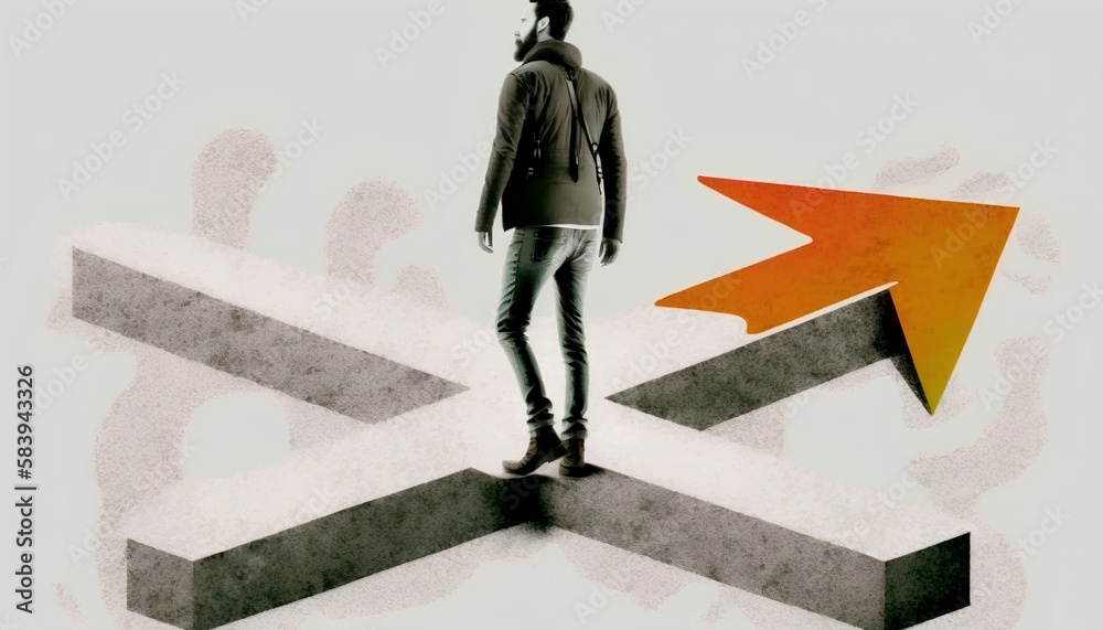 Person standing at crossroads in a stylized, collage style illustration ...