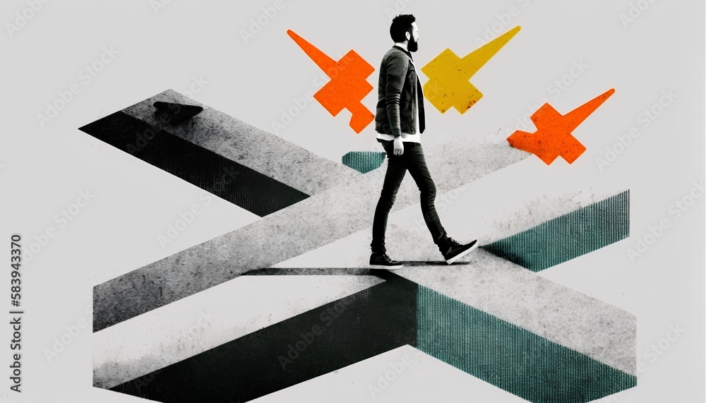 Person standing at crossroads in a stylized, collage style illustration ...