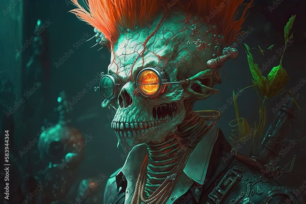 skeleton with orange hair in a suit, in the style of cyberpunk realism ...
