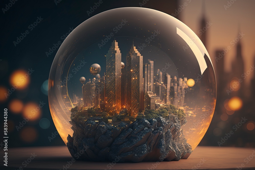 crystal ball with a skyscraper city skyline in it, ont a table, with a ...