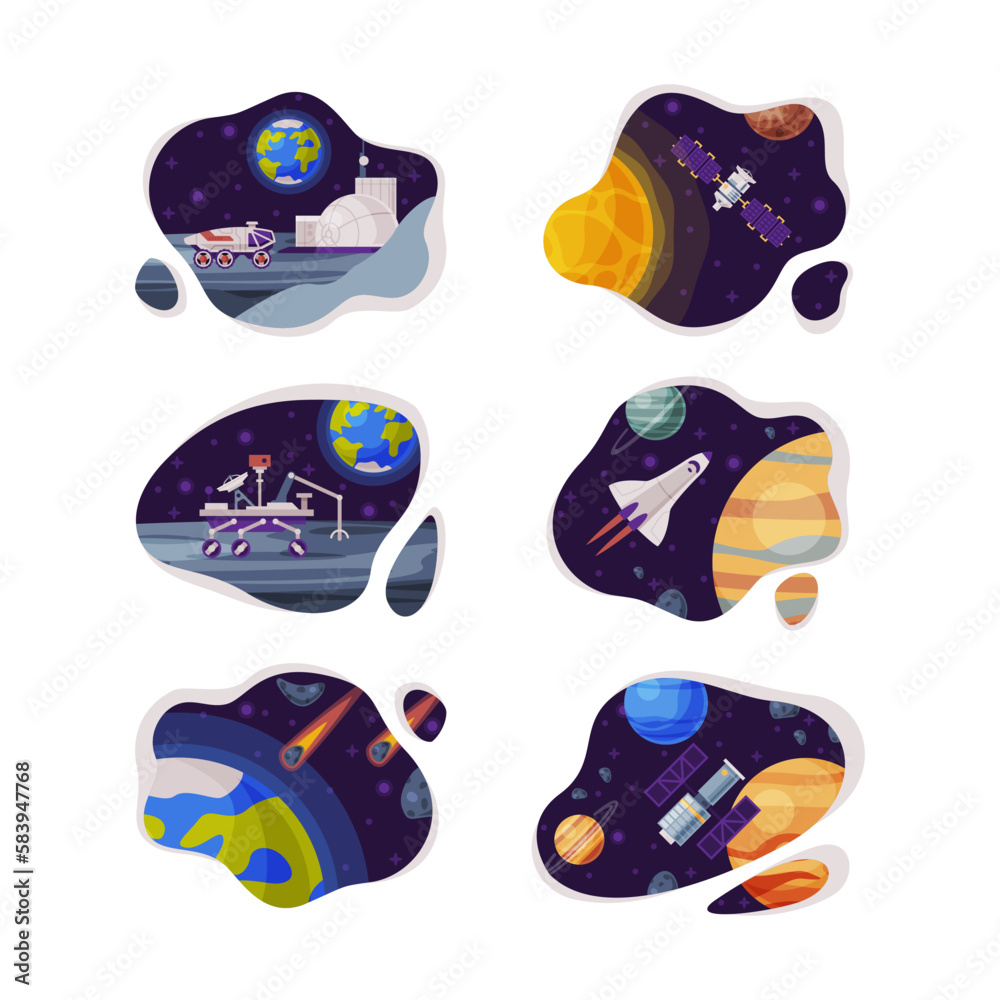 Solar System Planet with Lunar Rover and Flying Satellite Vector Set ...