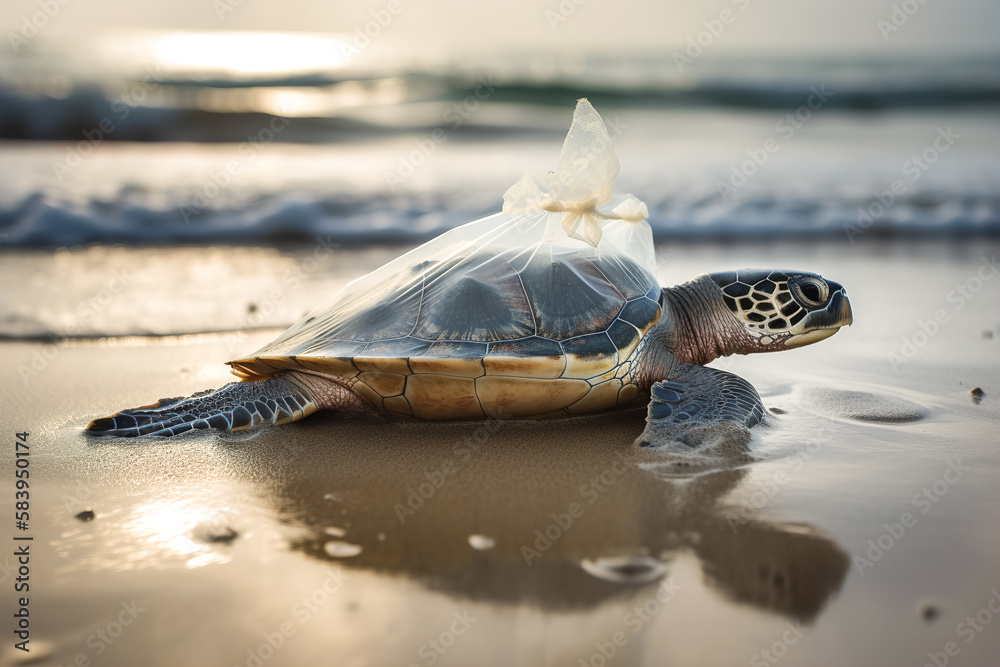 A turtle trapped in a plastic bag lying on the beach. The concept of an ...