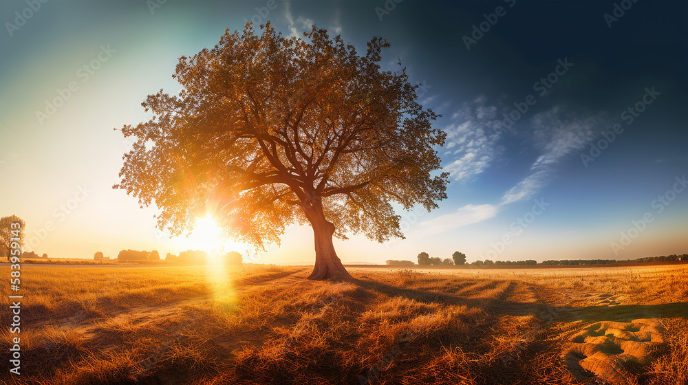 Earth's Day. Big Tree isolated with background of sunset and blue sky ...