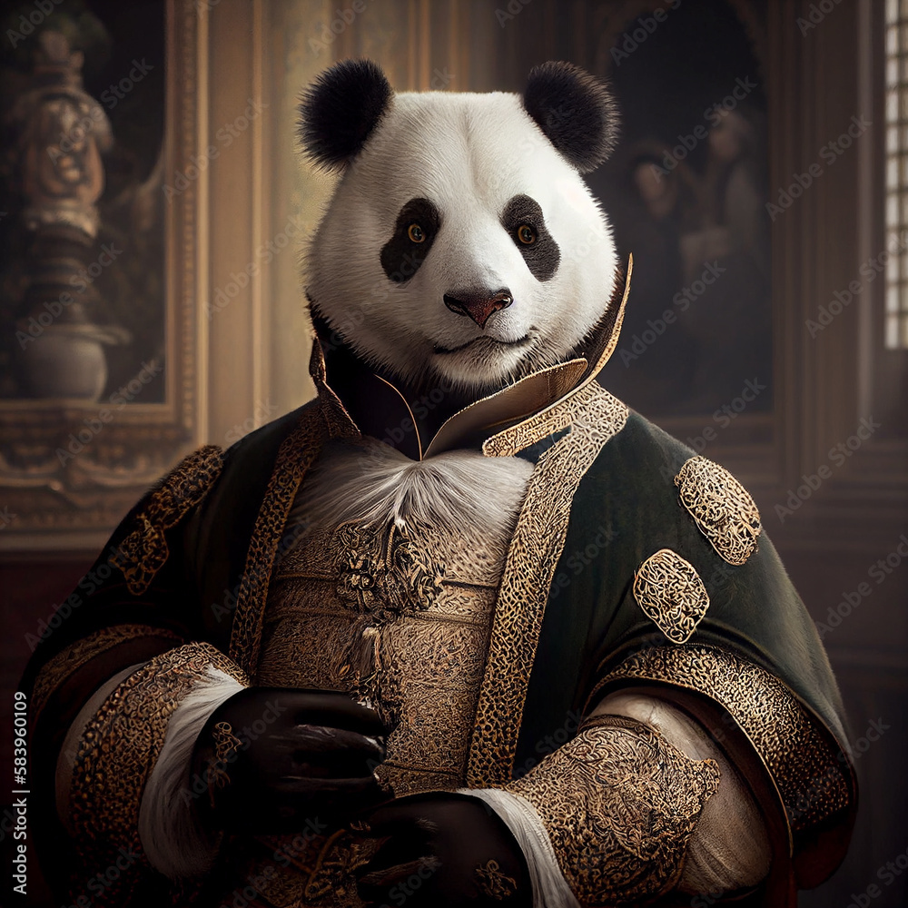 Realistic lifelike glam panda bear in baroque noble regal 18th century ...