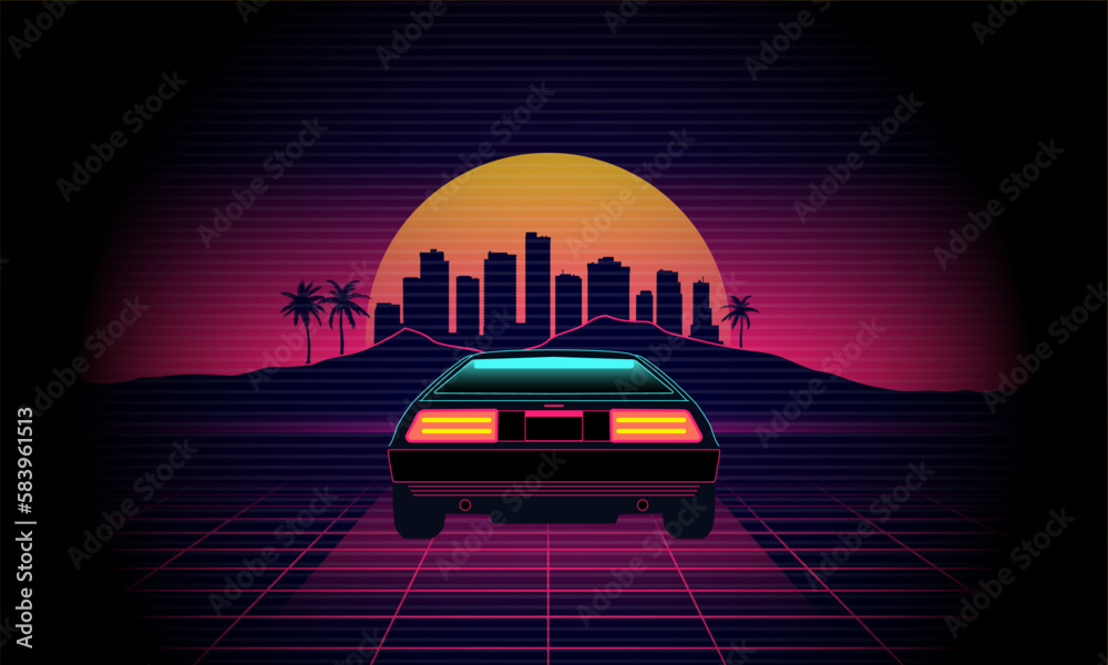 80's Retro car in 3D virtual reality. Sunset outrun landscape in ...