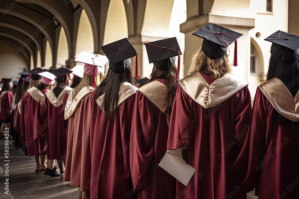 Back view of graduates in mortar boards and bachelor gowns on ...
