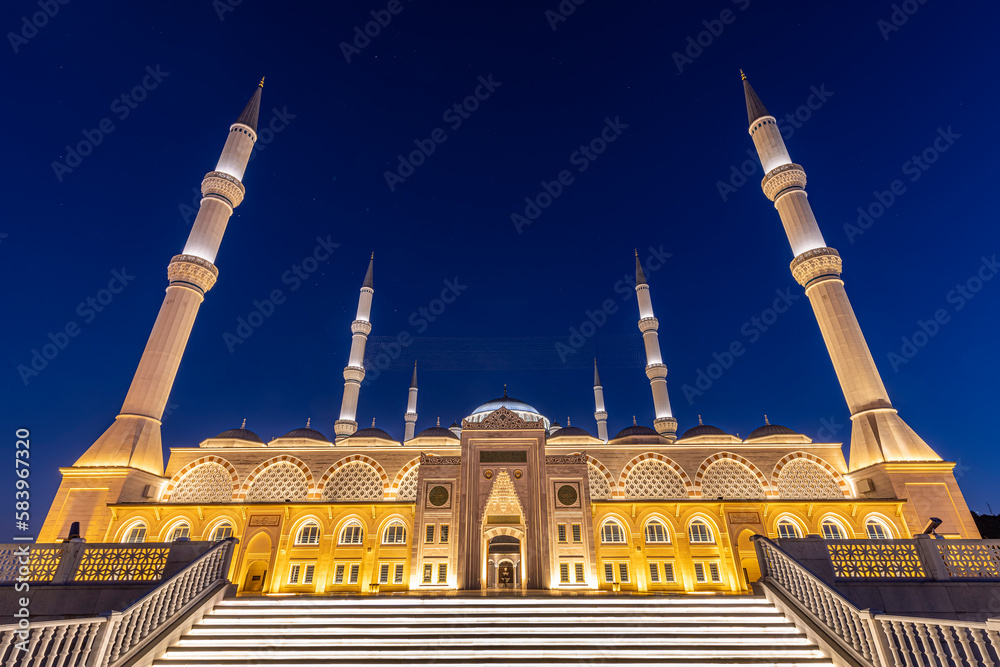 Camlica Mosque is a night view in the evening blue hours, Camlica ...