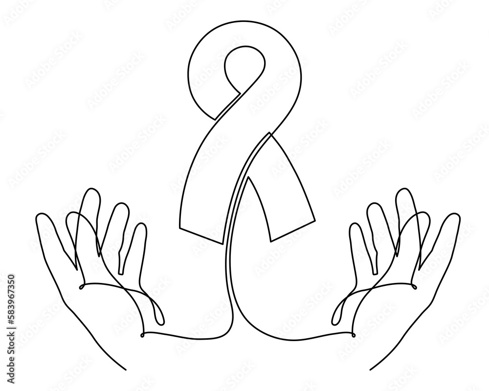 Hand with ribbon, world cancer day concept one-line art,fight against ...