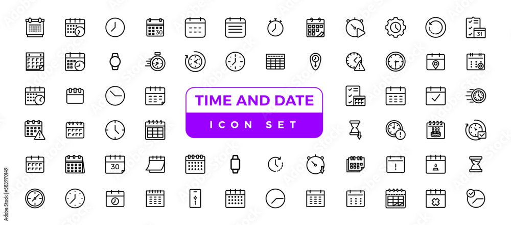 Time and clock, calendar, timer line icons. Vector linear icon set ...