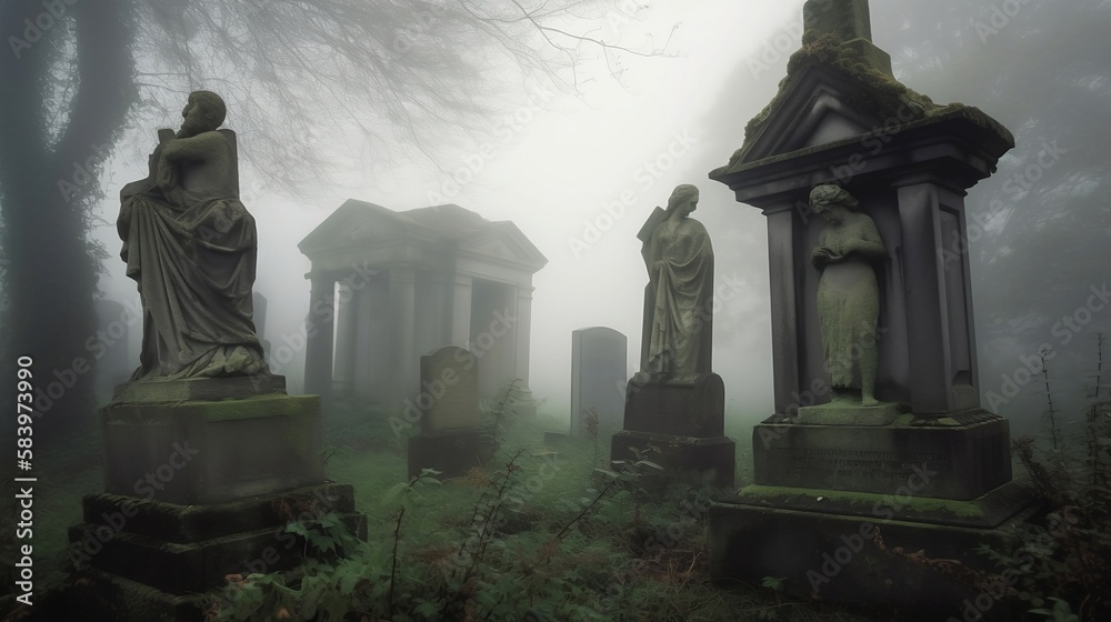 Eerie Forgotten Graveyard: Fog-Enshrouded Mausoleum and Statues in ...