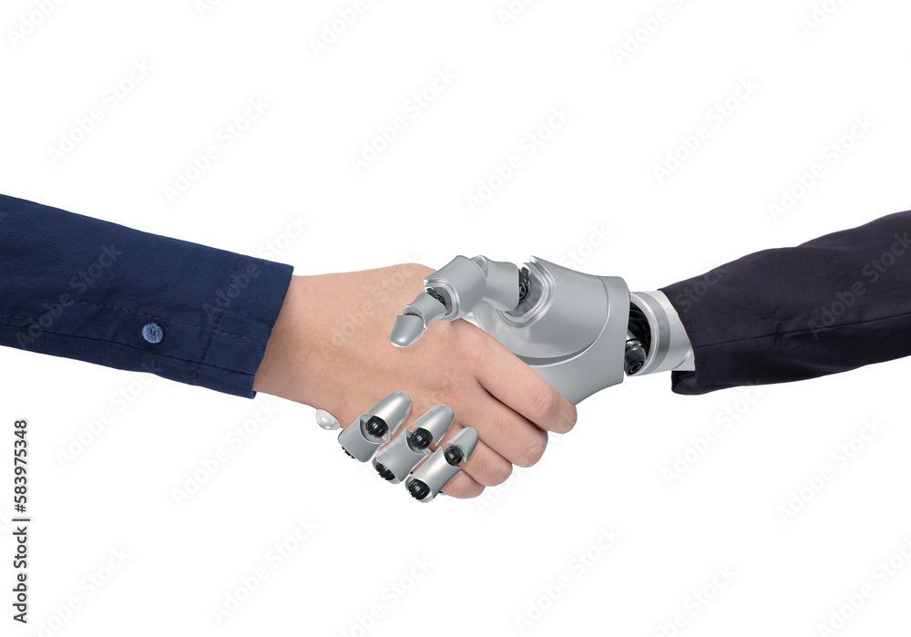 Businessman hand with cyborg prosthetic arm shaking hands with young ...