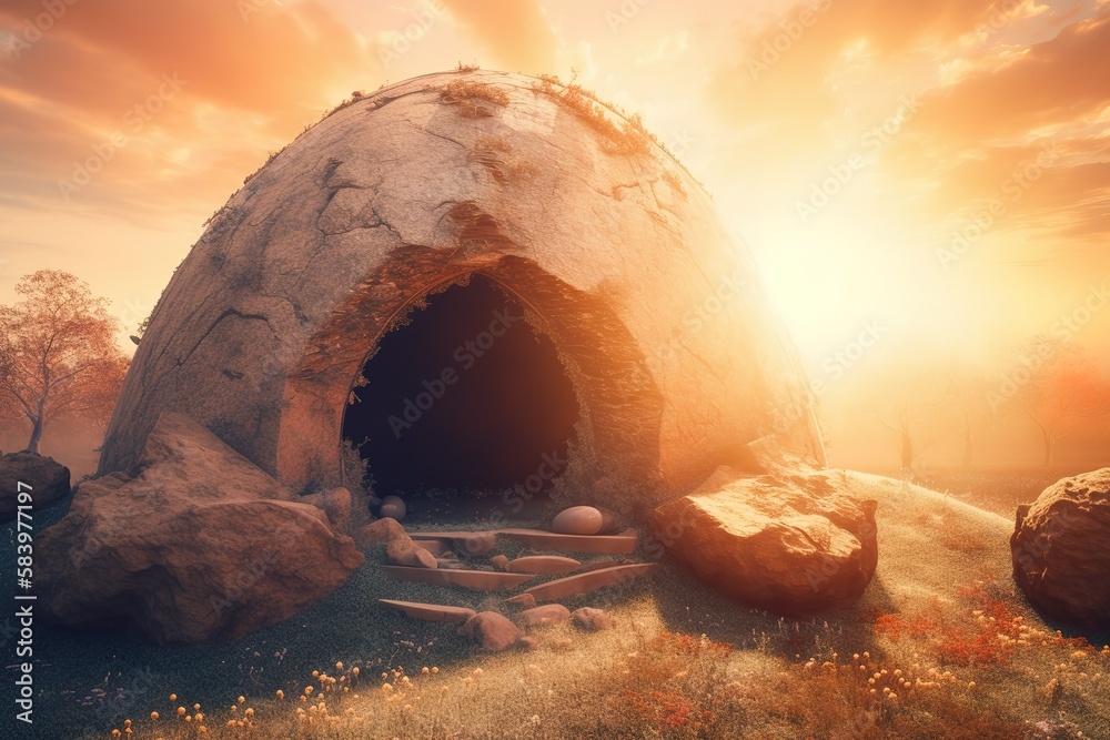 Empty tomb of Jesus Christ with light Born to Die. Generative AI Stock ...