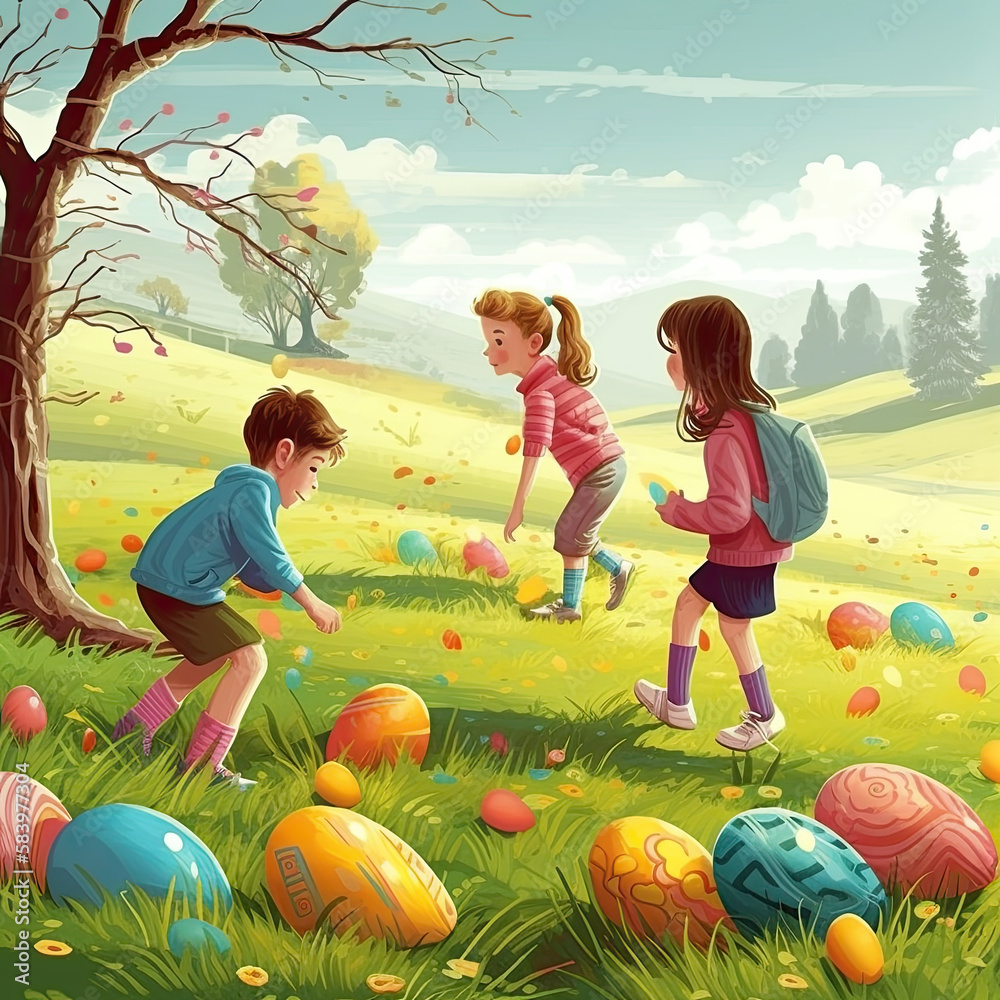 Vector Cartoon of Kids on Easter Egg Hunt - Generative AI Vector ...