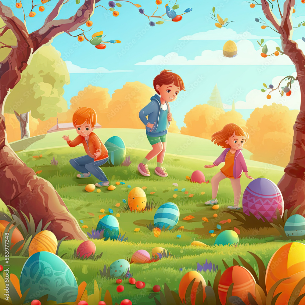 Vector Cartoon of Kids on Easter Egg Hunt - Generative AI Vector Cartoon Stock Illustration ...