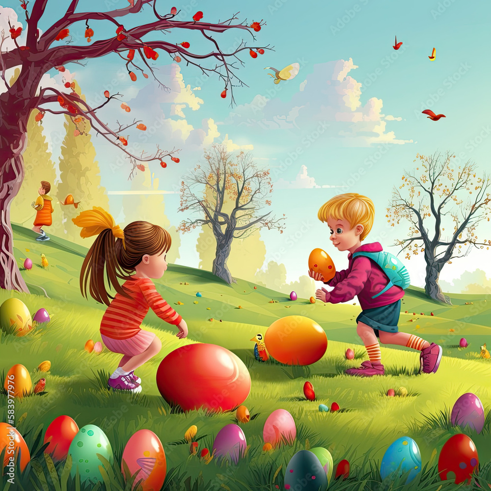 Vector Cartoon of Kids on Easter Egg Hunt - Generative AI Vector ...