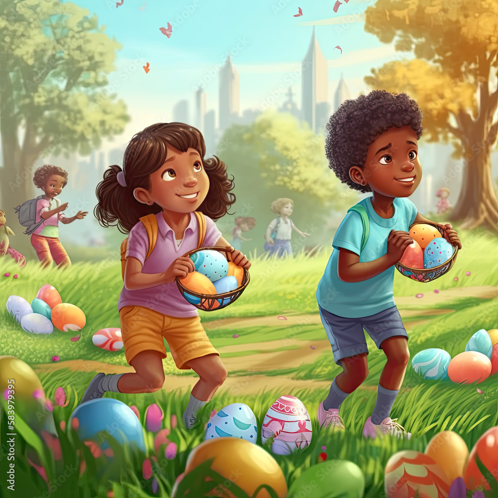 Vector Cartoon of Kids on Easter Egg Hunt - Generative AI Vector ...