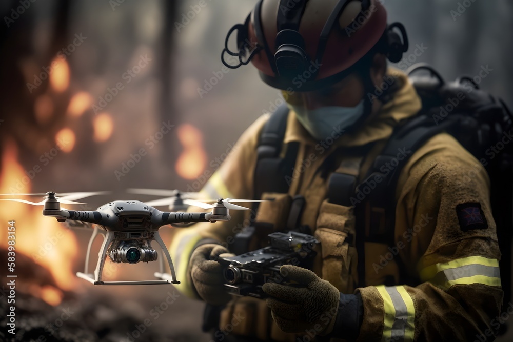 A firefighter controlling and flying a drone while standing in the ...