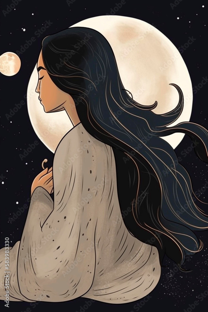 girl with long black hair without face details holding the moon ...