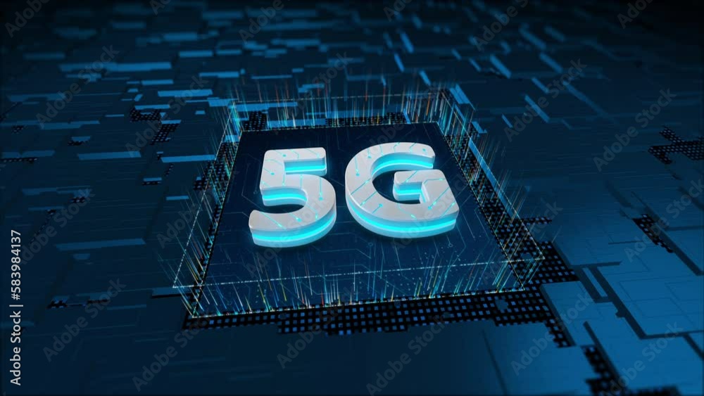 Motion graphic of 3D blue 5G letter and particles with circuit board ...