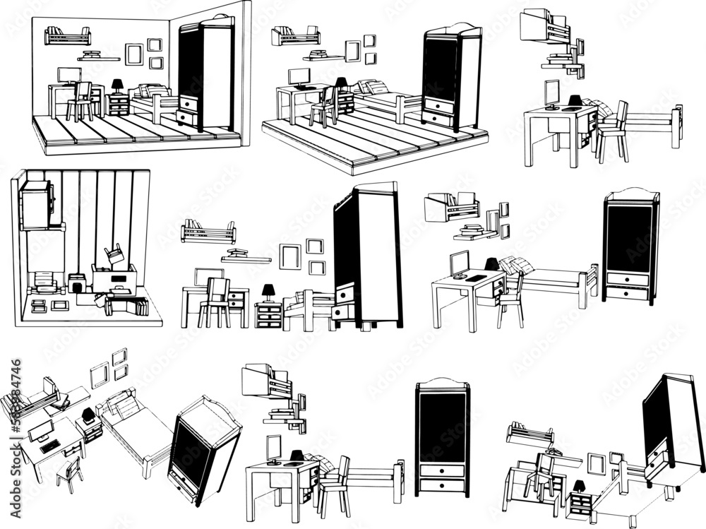 Silhouette Set of Furnished Rooms in Action, Sketch Drawing of a Room ...