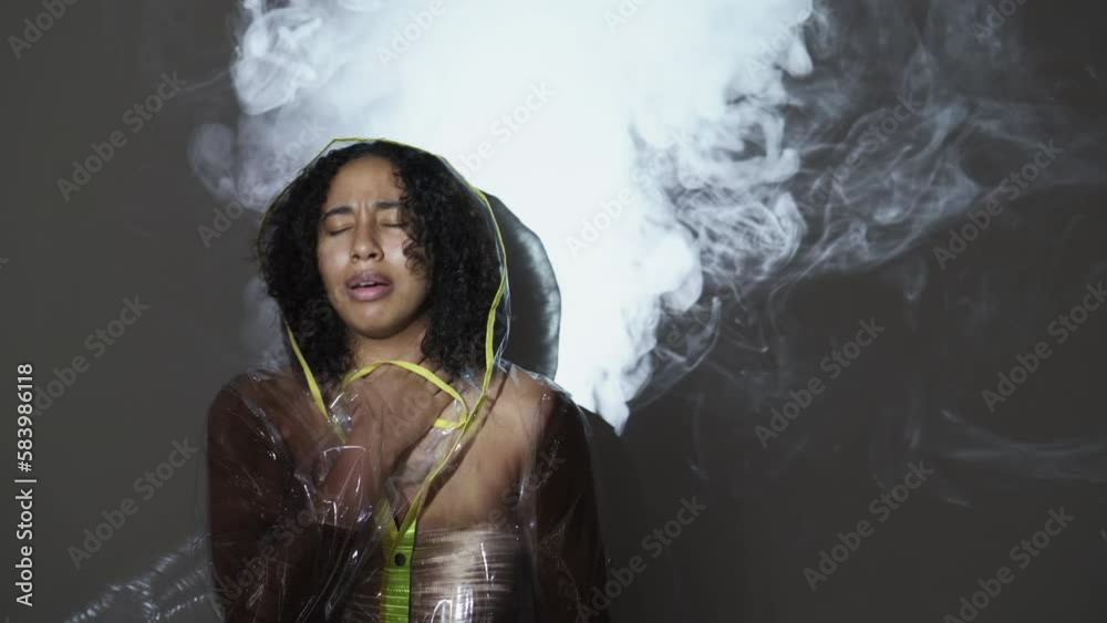 Air pollution. Suffering woman. Silhouette portrait. Displeased female ...