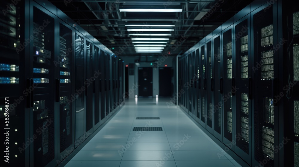 Datacenter in Action: Nighttime View of Massive Interior with Blinking ...