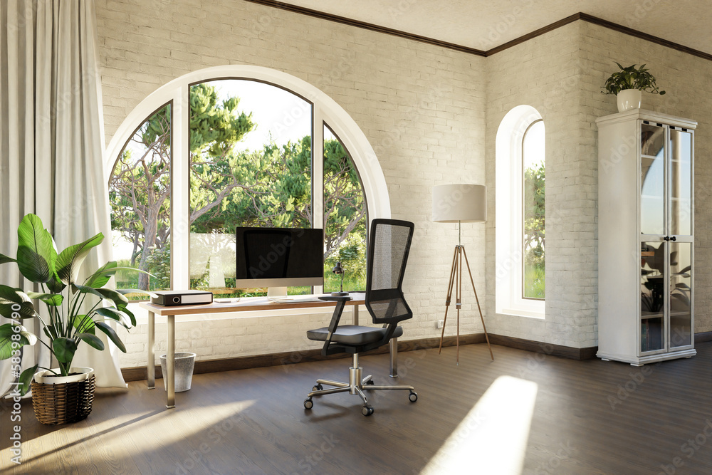 comfortable workplace with pc workstation standing in front of large ...