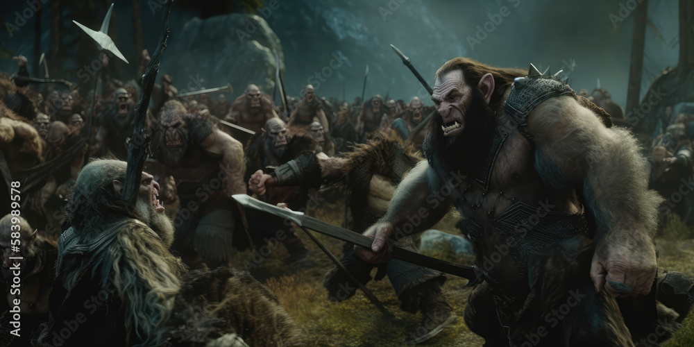 A large orc warrior or beast fighting in a battle surrounded by an army ...