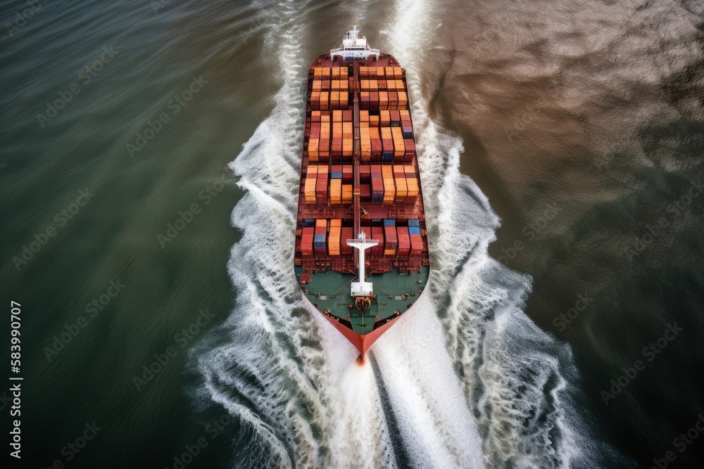Cargo ship moves slowly through a narrow canal, its hull crammed with ...