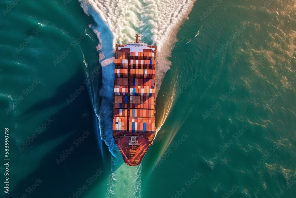 A large cargo ship is seen docked at a busy port, its hull loaded with ...