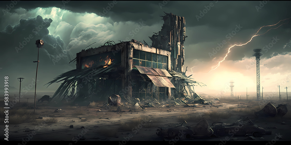 Sci-fi post-apocalyptic world, generated ai, crumbling buildings with ...