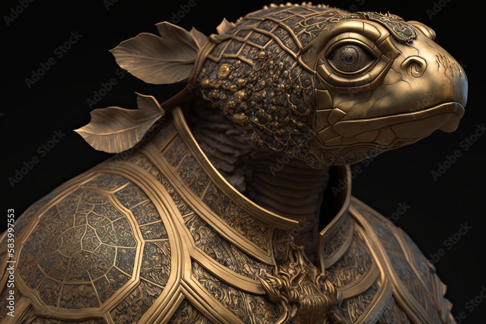 Military turtle with golden incredibly beautiful armor on a black ...