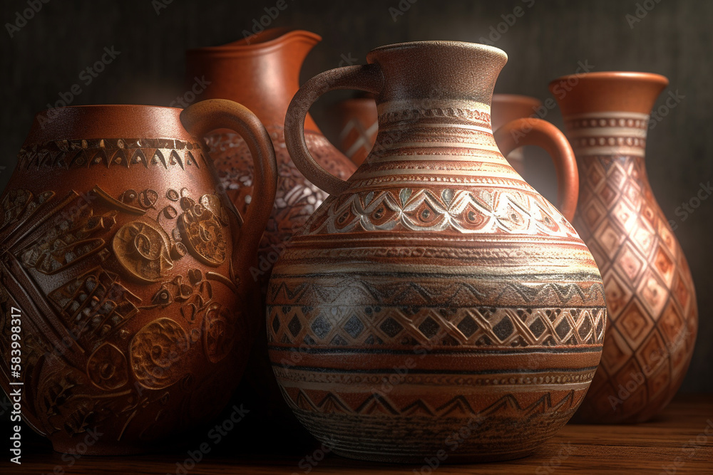 ornate Clay pots on display, Vases, Containers, Created using ...