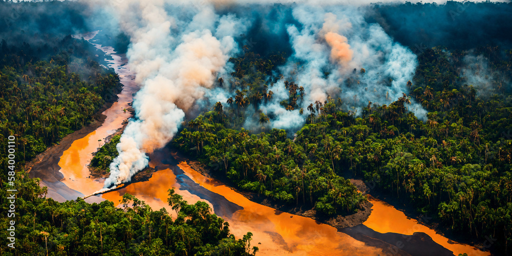 Aerial view of tropical rainforest deforestation. Illegal fire clearing. Burning forest ...