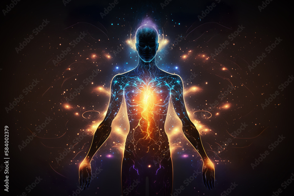 ภาพประกอบสต็อก Astral body silhouette with abstract space background ...