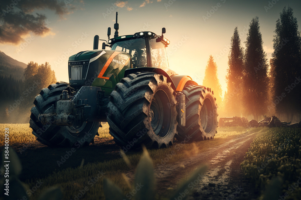 tractor in the field in the morning, modern technologies in agriculture ...