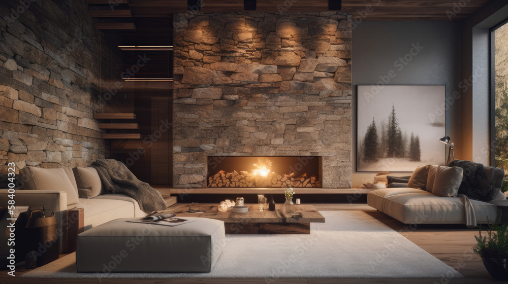 Warm and cozy living room with modern contemporary interior design with ...