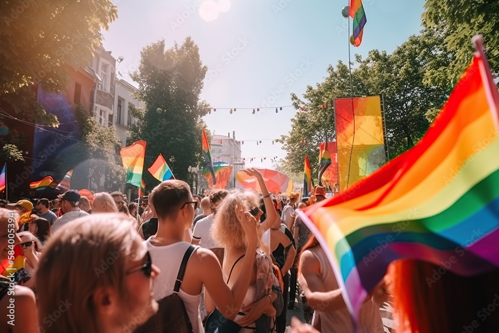 Many people next to a rainbow flag celebrate a gay pride demonstration ...