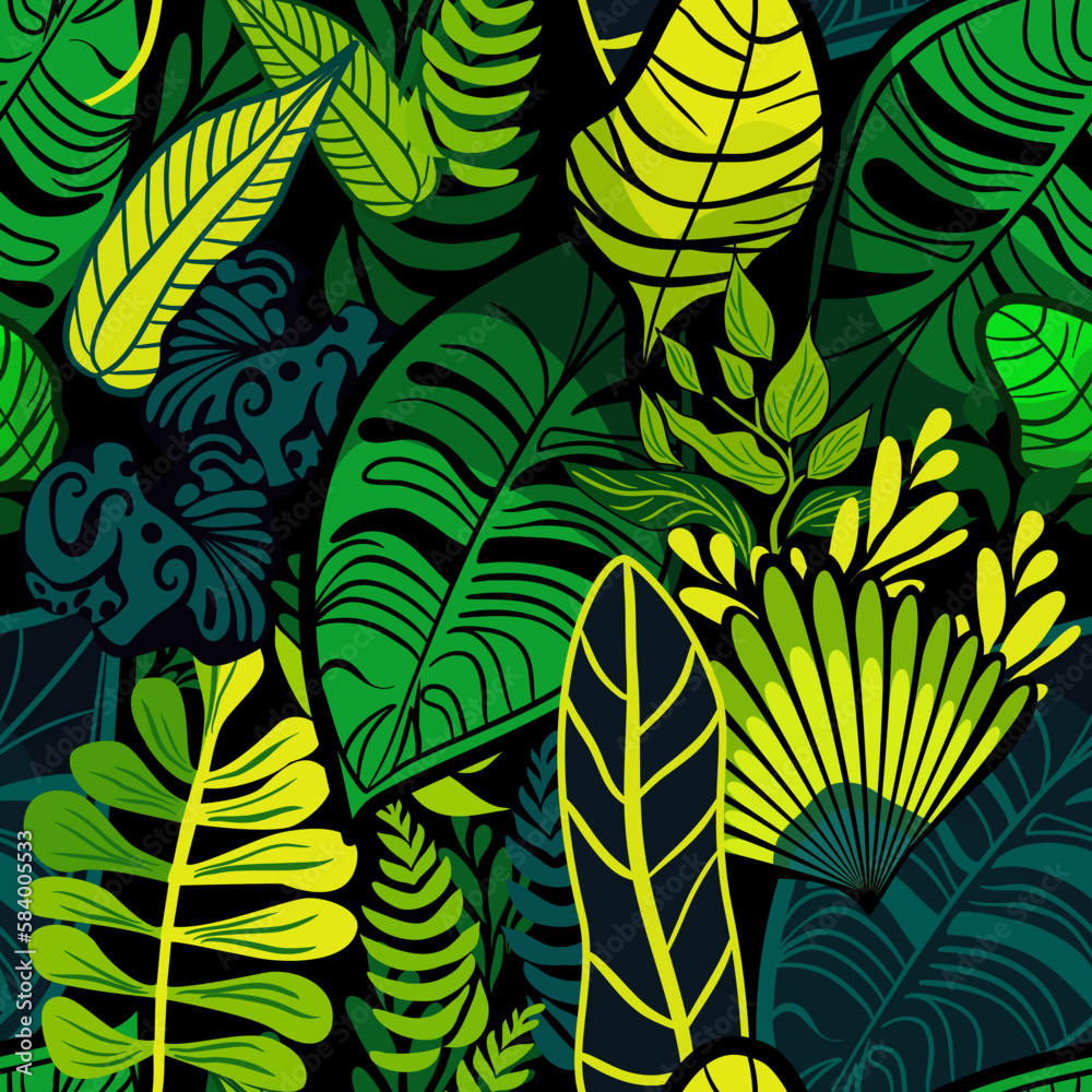 Seamless tropical rainforest pattern with green leaves and lianas ... Seamless tropical rainforest pattern with green leaves and lianas ...