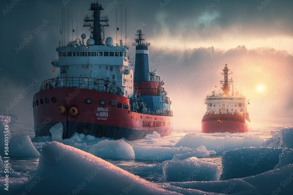 shipping icebreakers to rescue ships in port during winter, created ...