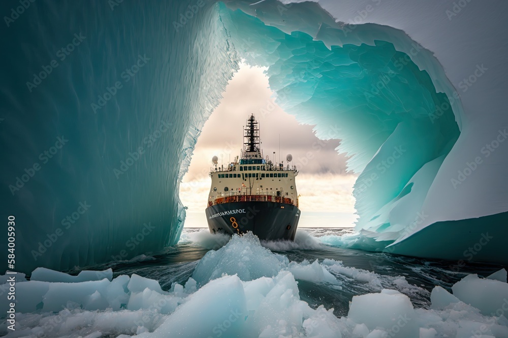 huge icebreaker sailing through open seas and breaking hole in floating ...