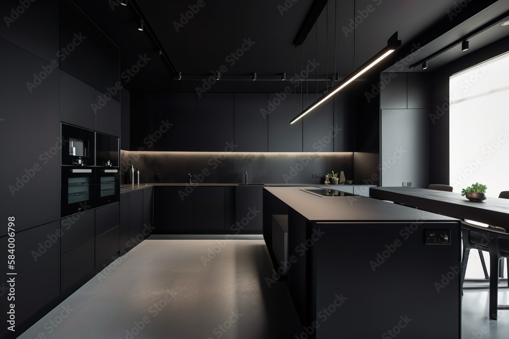 A luxurious modern black kitchen with a sleek aesthetic and dark theme ...