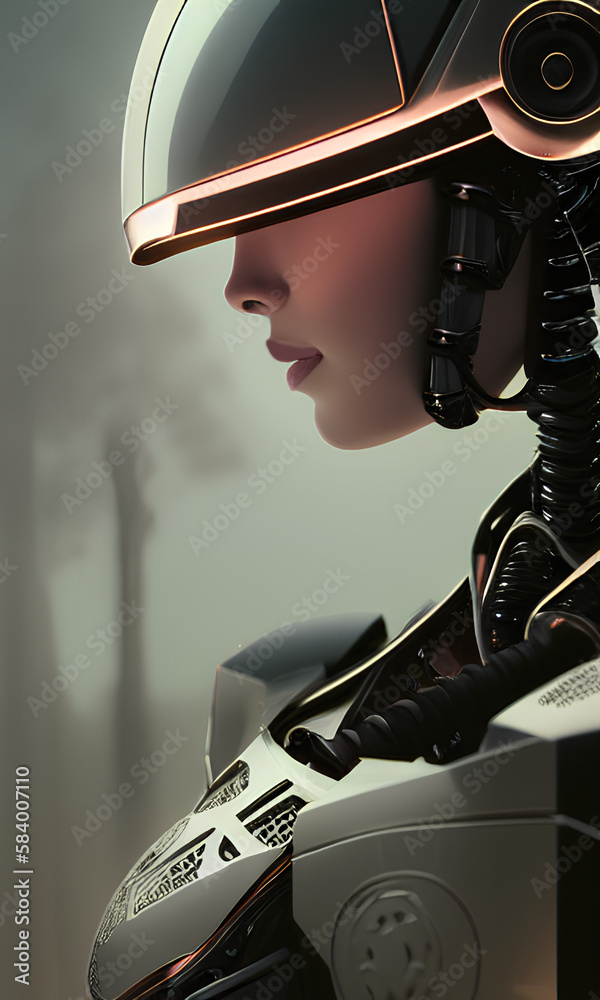 Metallic vertical side view of a cyborg woman created with Generative ...