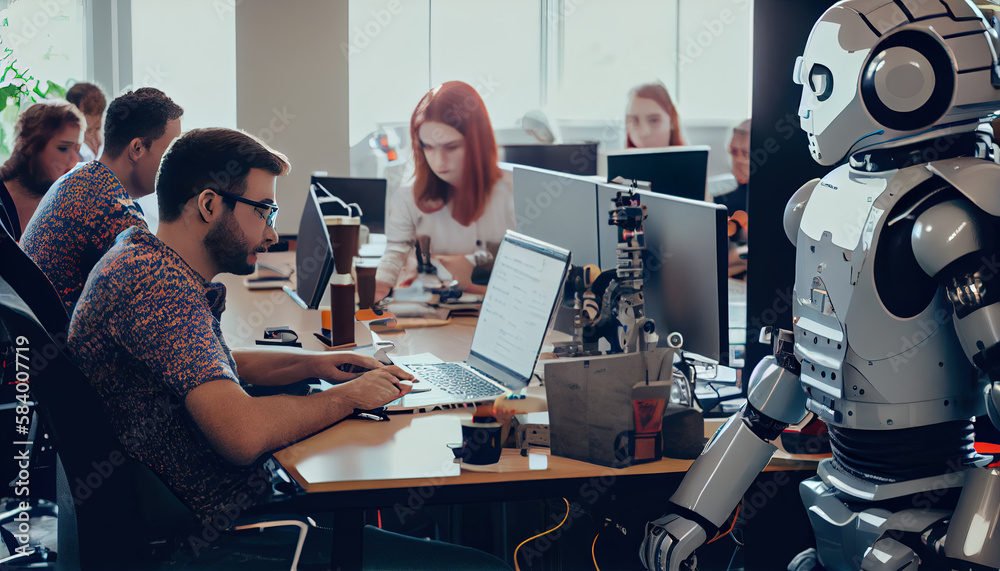man an ai robot compete for work, people and android working together ...