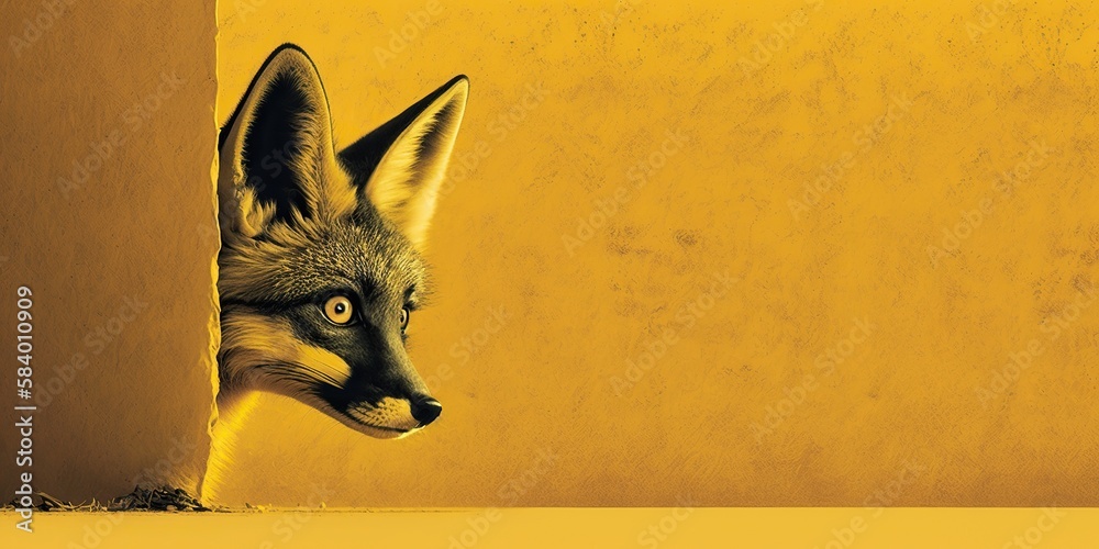 Wary fox peeks around yellow corner on plain background, concept of ...