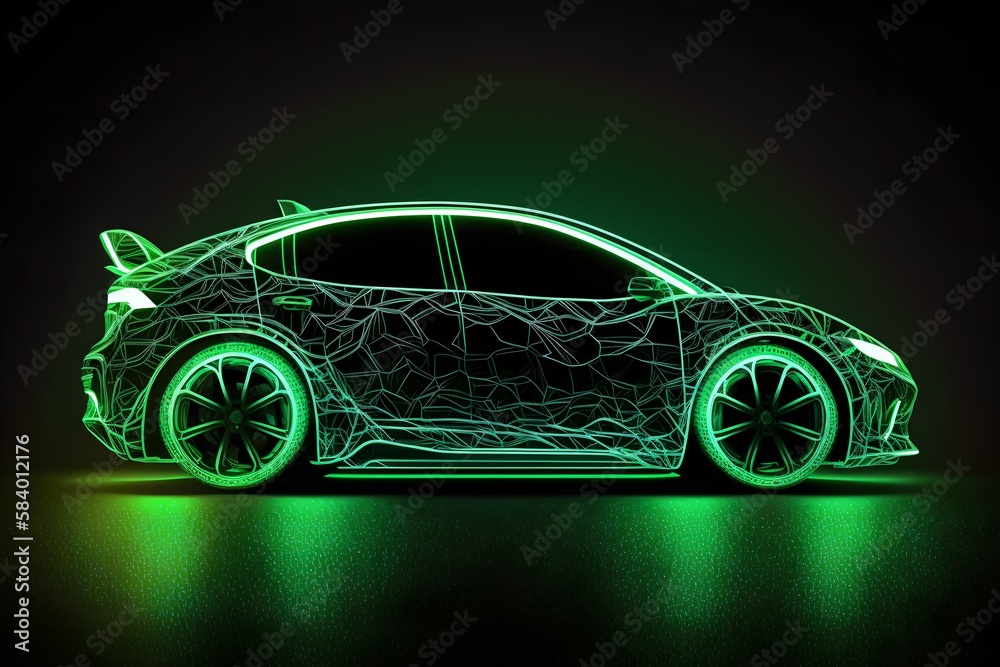 Eco car, green transport concept, electric car glowing outlines on ...