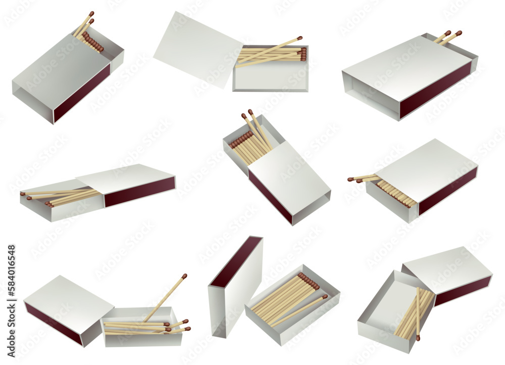 Collection of matchboxes. Opened matchbox. Sulphur and wooden sticks ...