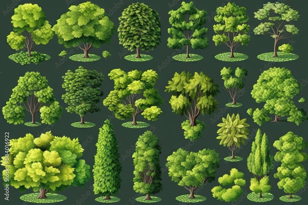 a collection of trees and shrubs in various stages of growth and sizes ...