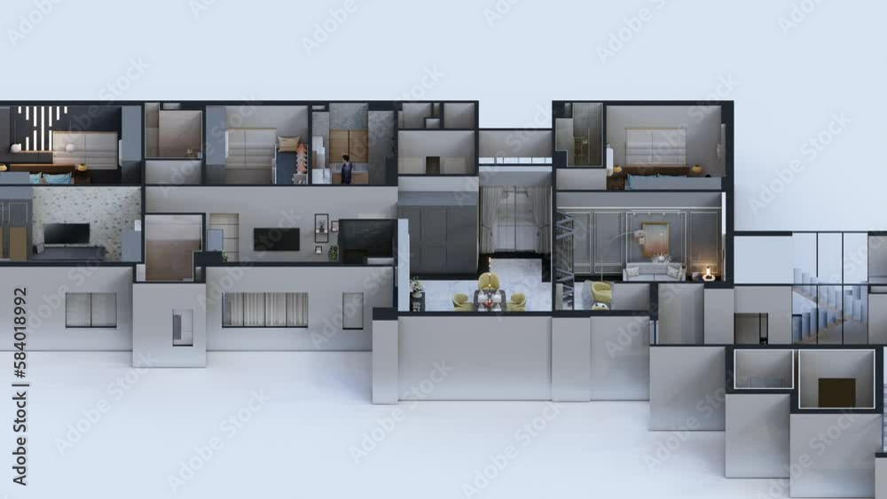Animated isometric interior design plan of a 3 bedroom house Stock ...